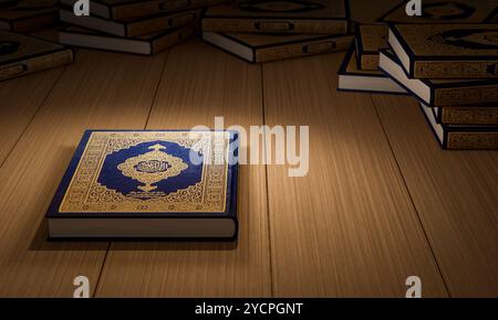 3D, Many Qurans on the wooden table, Islamic concept - The Holy Al ...