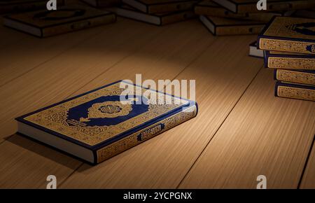 3D, Many Qurans on the wooden table, Islamic concept - The Holy Al ...