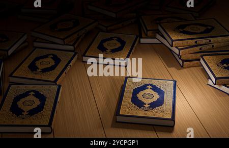 3D, Many Qurans on the wooden table, Islamic concept - The Holy Al ...