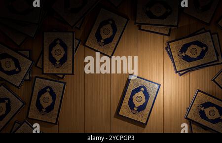 3D, Many Qurans on the wooden table, Islamic concept - The Holy Al ...
