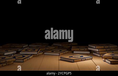 3D, Many Qurans on the wooden table, Islamic concept - The Holy Al ...