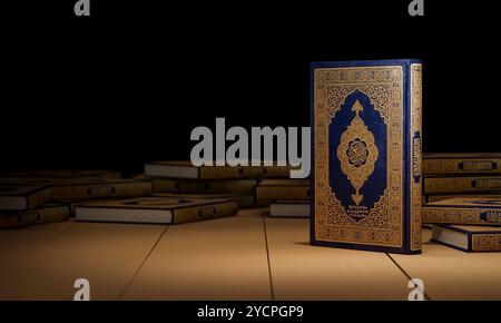 3D, Many Qurans on the wooden table, Islamic concept - The Holy Al ...