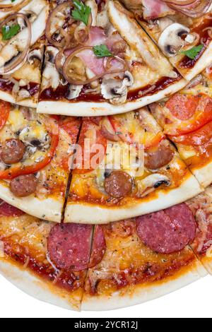 Three different slices of pizza in a cardboard box on a white ...