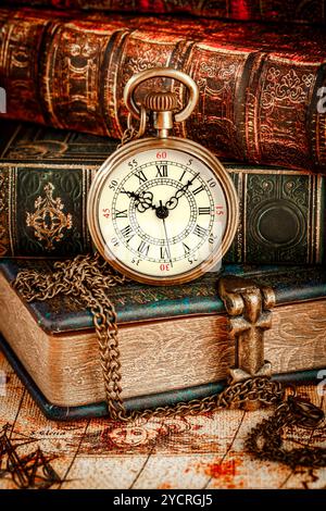 Old Books and Vintage pocket watch Stock Photo - Alamy