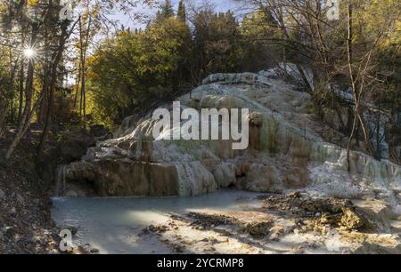 Scenic hot springs thermal baths with turquoise water under fall ...