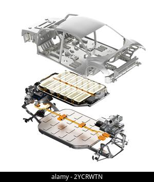 3d rendering explode view of golden electric vehicle battery with car ...