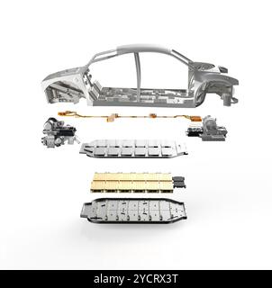 3d rendering explode view of golden electric vehicle battery with car ...