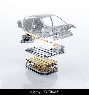 3d rendering explode view of golden electric vehicle battery with car ...