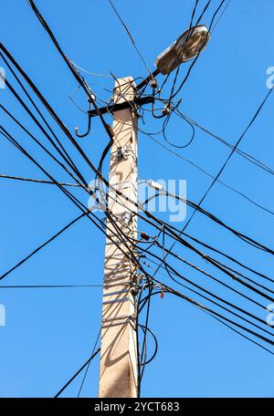 Metal electric post against blue sky. Industry concept Stock Photo - Alamy