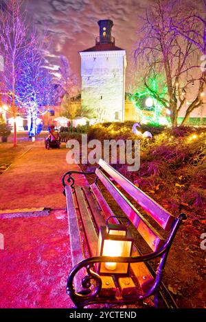 Zagreb historic upper town advent evening snow view through glass ...