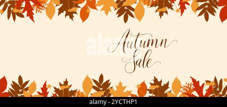 Vector illustration. Autumn sale with yellow leaves on colored abstract ...