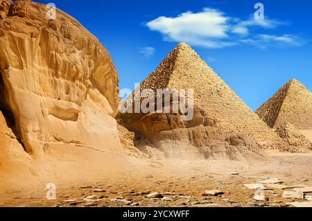 The Giza pyramid complex (Giza necropolis) afternoon shot showing the ...