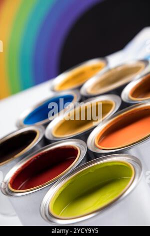 Paint can and paintbrush, Rainbow colors Stock Photo - Alamy