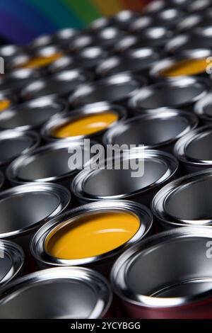 Tin cans with paint, brushes and bright palette of colors Stock Photo ...