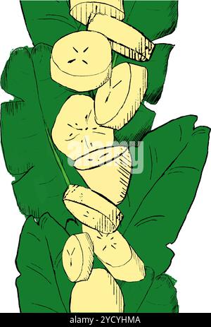 Doodle color tropical banana. Hand-drawn fresh natural exotic fruit ...