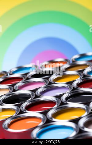Rainbow colors, Group of tin metal cans Stock Photo - Alamy