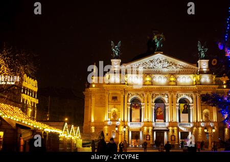 Winter beautiful Christmas markets. Night lights. Opera Lviv Stock ...
