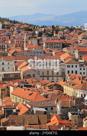 Aerial view of old downtown Split, Croatia.Top-down drone view of the ...