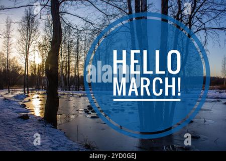 banner Hello March.Greeting card. The beginning of the new season ...