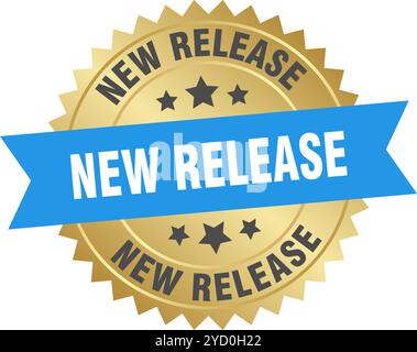 Blue new release round badge with chrome border on white background ...