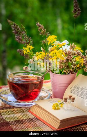 cup with tea croissant book Stock Photo - Alamy