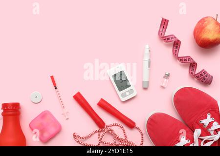 Glucometer with lancet pen, sports equipment, tape measure and pills on ...