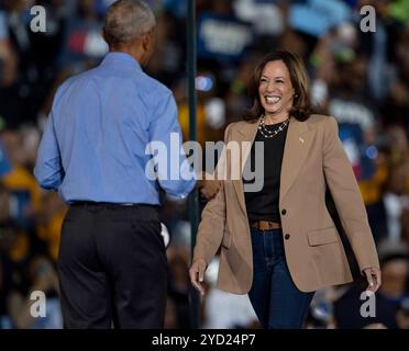 Vice President Kamala Harris is introduced by Brittany Shoup, right ...