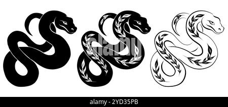 Vector monochrome tangled snake set. Collection of black outline and ...
