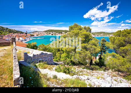 Coastal town of Tisno waterfront view, bridge to island of Murter ...