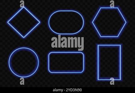 Neon frames, light banners hexagon shape. Abstract electric sign ...
