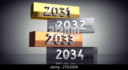 2034, 2033, 2032 - words on metal blocks - 3D illustration Stock Photo ...