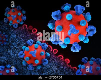Layout featuring colorized 3D prints of HIV virus particles red with ...