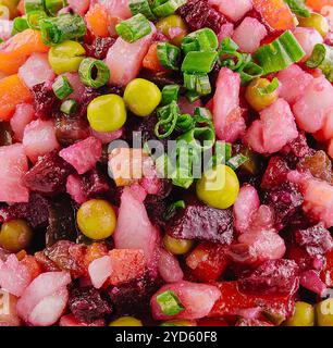 Beetroot salad, vinaigrette with vegetables close-up on a gray ...