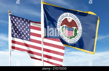 Twin Flags USA and Federal Reserve System, Fed Waving Flags with ...