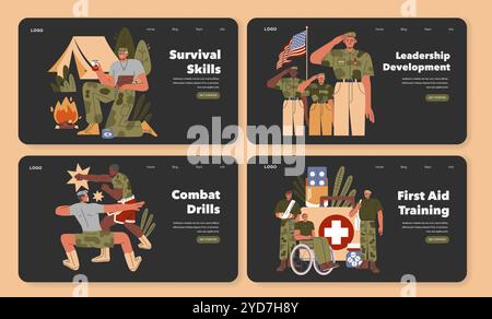 Military training set. Soldiers learning first aid, mental resilience ...