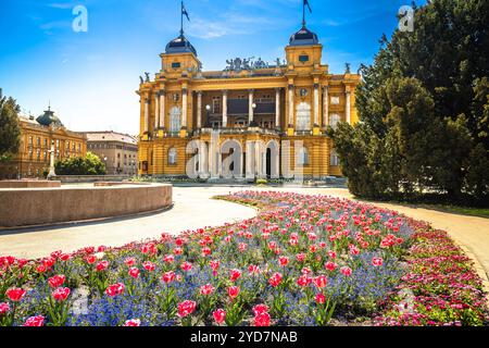 Zagreb. Republic of Croatia square flower garden and Croatian National ...