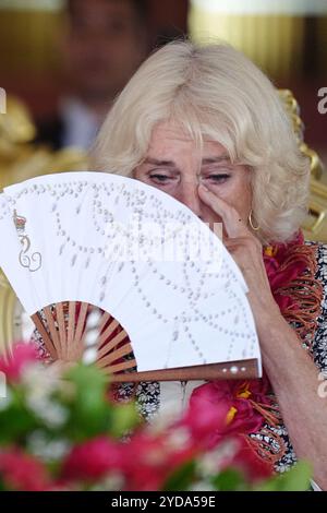 Queen Camilla wipes her eye after crying with laughter during a ...