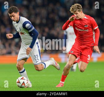 Tottenham Hotspur's Brennan Johnson (left) with his partner Tilde Syah on the pitch after the ...