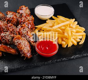 Board with tasty baked chicken legs, potato and spices on wooden table ...