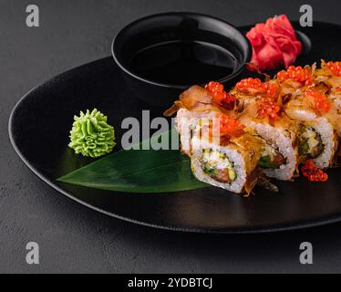 Food, Sushi rolls with bonito flakes, tuna, cheese cream and cucumber ...
