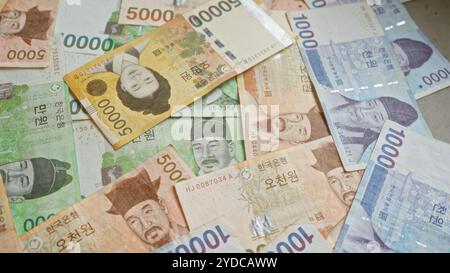 Scattered south korean won banknotes of various denominations ...