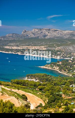 An aerial view of a scenic landscape of Cassis, France, with climbers ...