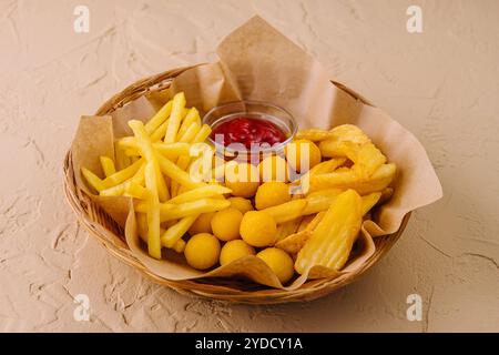 Different types of fried potatoes, such as french fries, roast potatoes ...