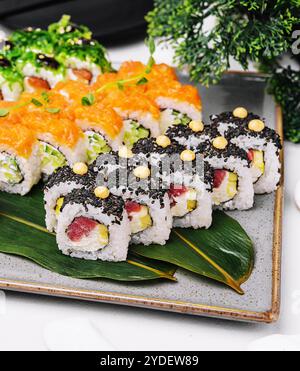 Set of different types of sushi rolls. Ready square restaurant menu ...