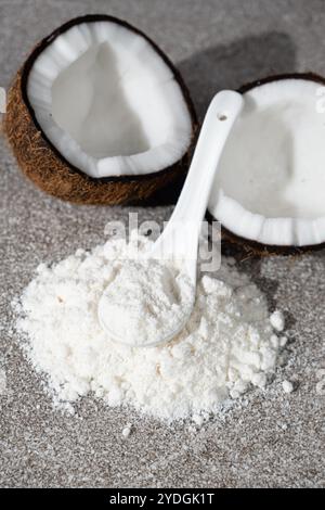 Coconut flour among coconut halves on gray stone background Stock Photo ...