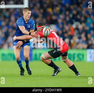 Sam Prendergast of Leinster passes the ball during the BKT United Rugby ...