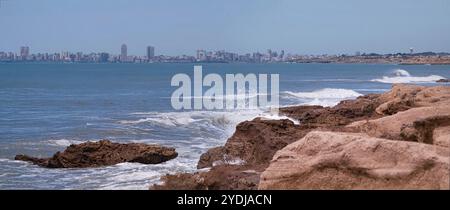 Panoramic view of Mar del plata city taken from the ocean on a sunny ...