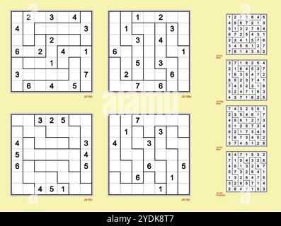 7x7 Jigsaw Sudoku vector set. 18, 17, 12, 11 clues. Very easy (2), hard ...