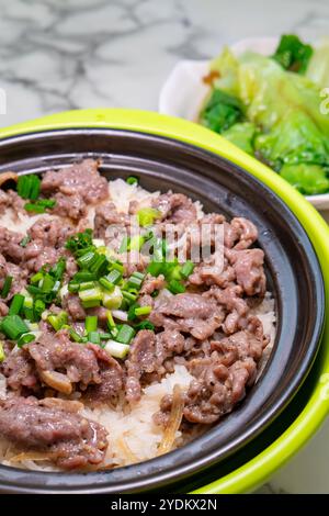 angle view clay pot rice with cured pork and fish and vegetable Stock ...