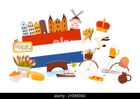 Holland culture elements, landmarks and food on Netherlands infographic ...